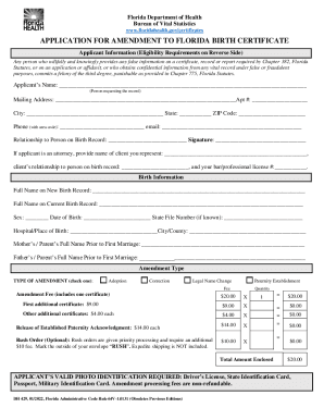 Fillable Online APPLICATION FOR AMENDMENT TO FLORIDA BIRTH CERTIFICATE ...