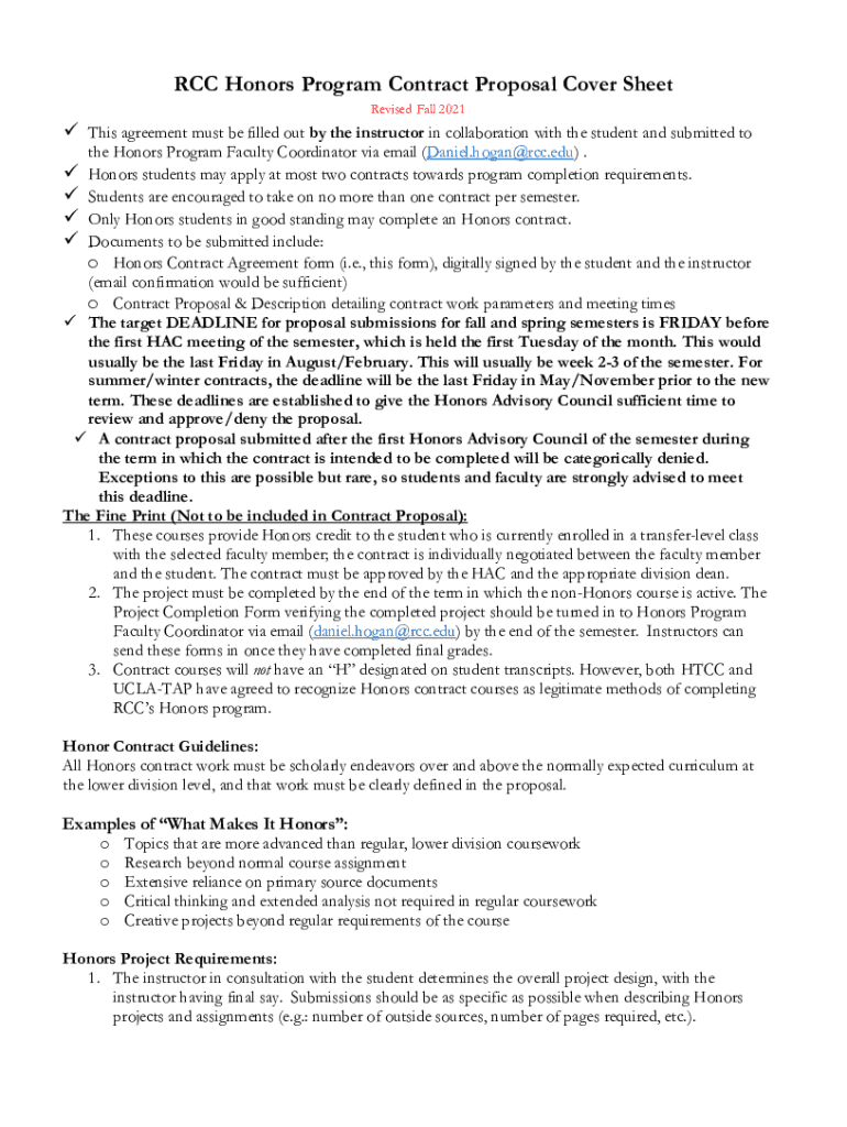 Fillable Online RCC Honors Program Contract Proposal Cover Sheet Fax ...