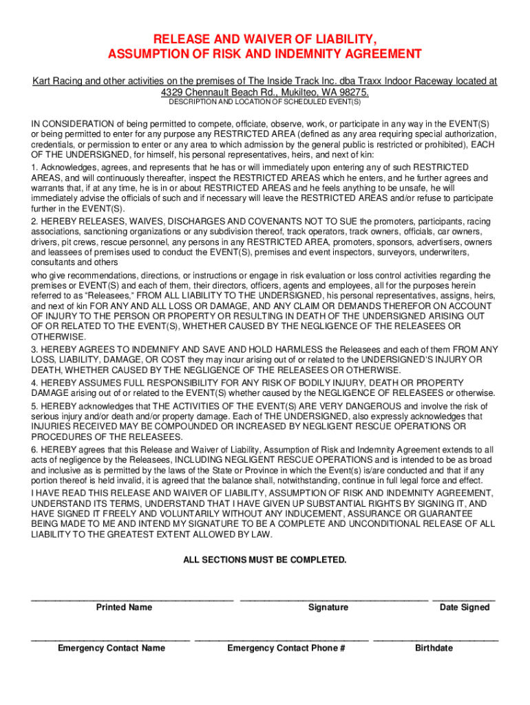 Fillable Online Release and Waiver of Liability, Assumption of Risk and ... Fax Email Print ...
