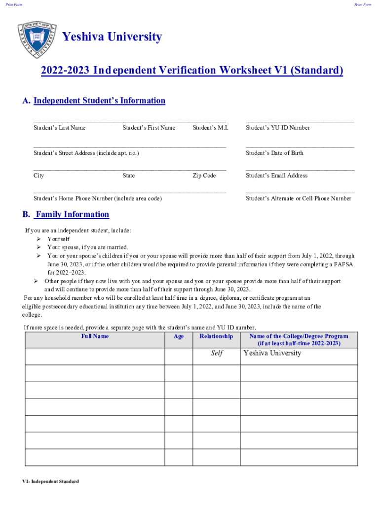 Fillable Online V1-IND 20222023 Verification Worksheet Independent ...