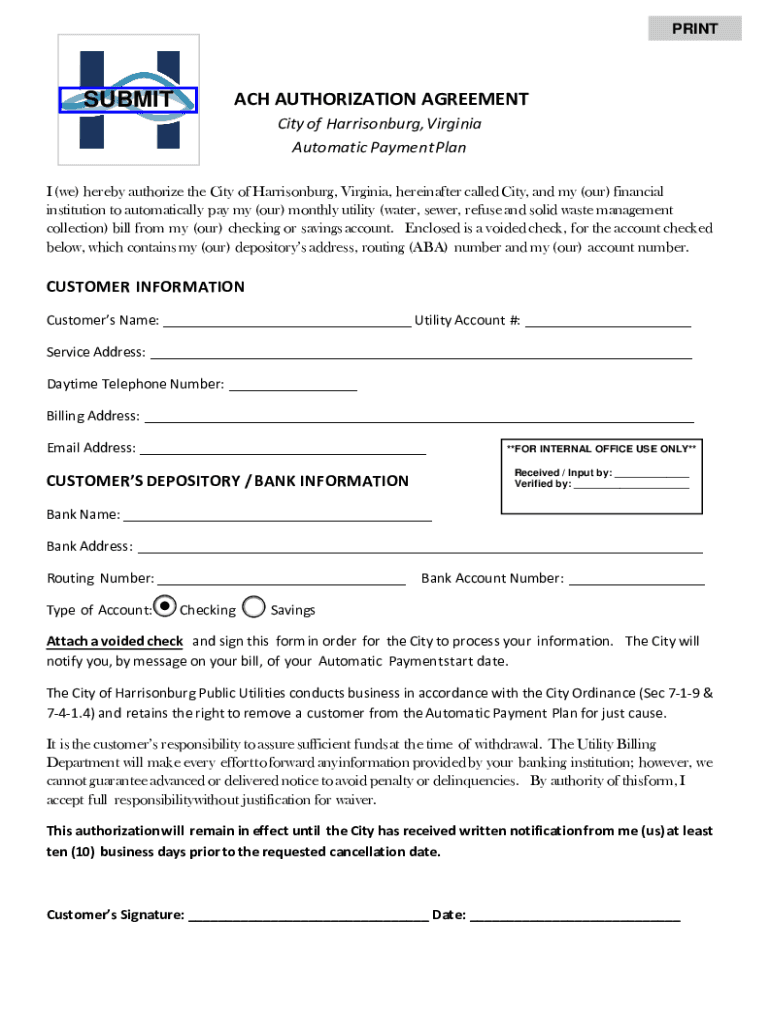 Fillable Online ACH AUTHORIZATION AGREEMENT - Harrisonburg, VA Fax Email Print - pdfFiller