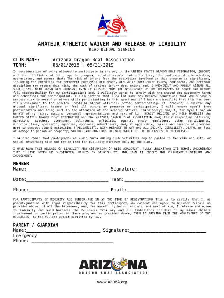 Fillable Online amateur athletic waiver and release of liability read ...
