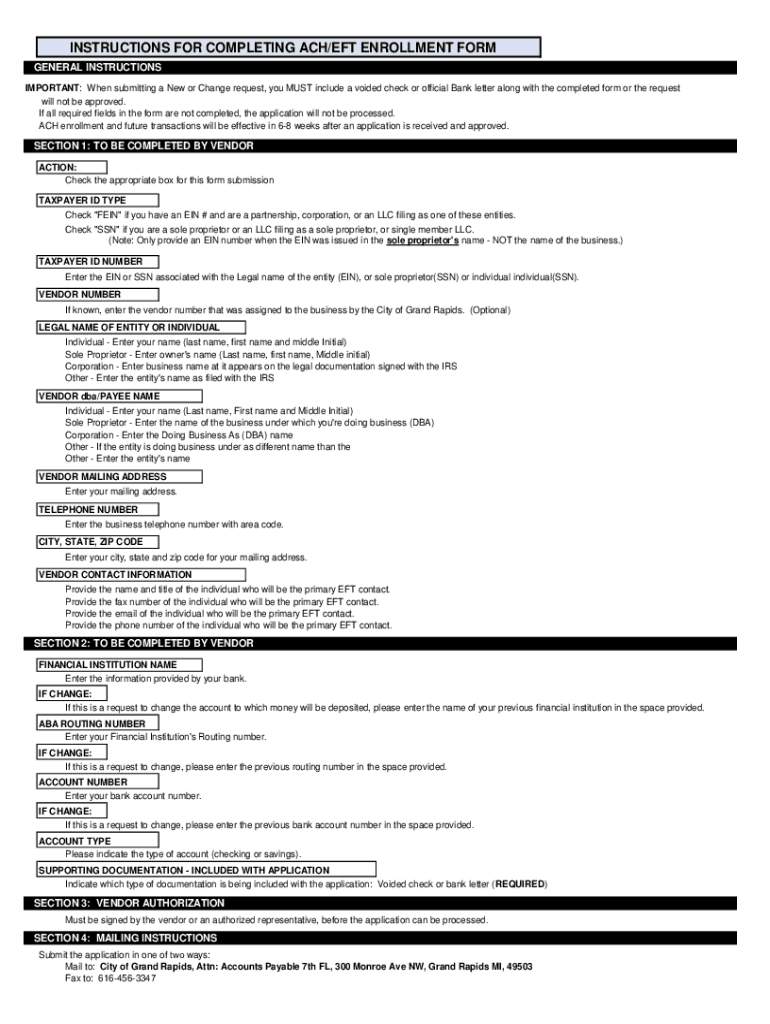 Fillable Online INSTRUCTIONS FOR COMPLETING ACH/EFT ENROLLMENT FORM Fax ...