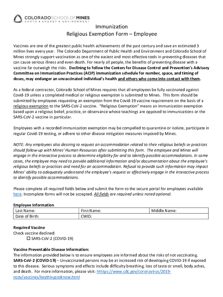 Fillable Online Employee Covid-19 Immunization Exemption form ...