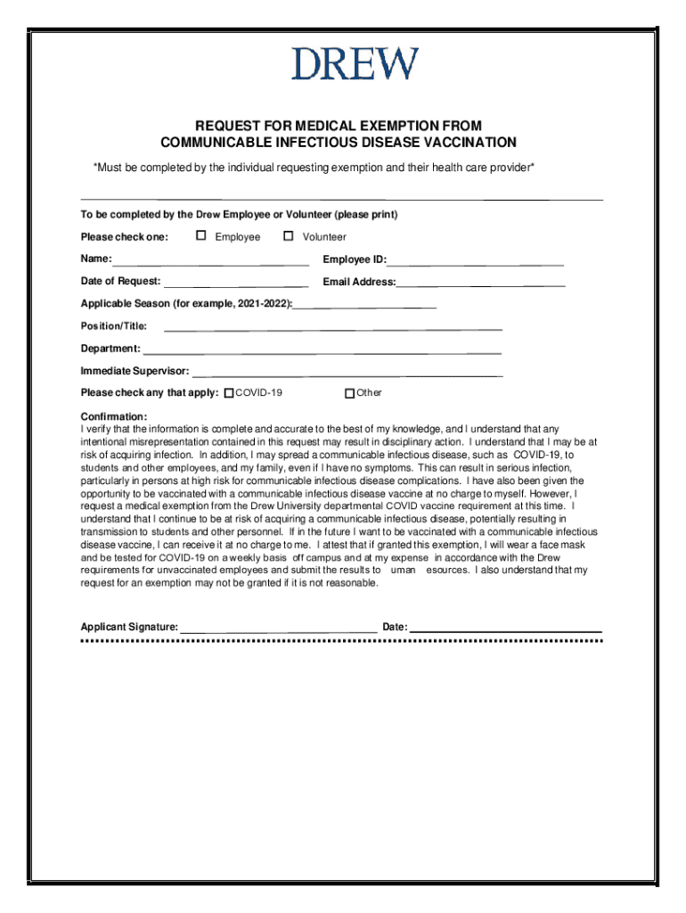 Fillable Online REQUEST FOR MEDICAL EXEMPTION FROM COMMUNICABLE ...