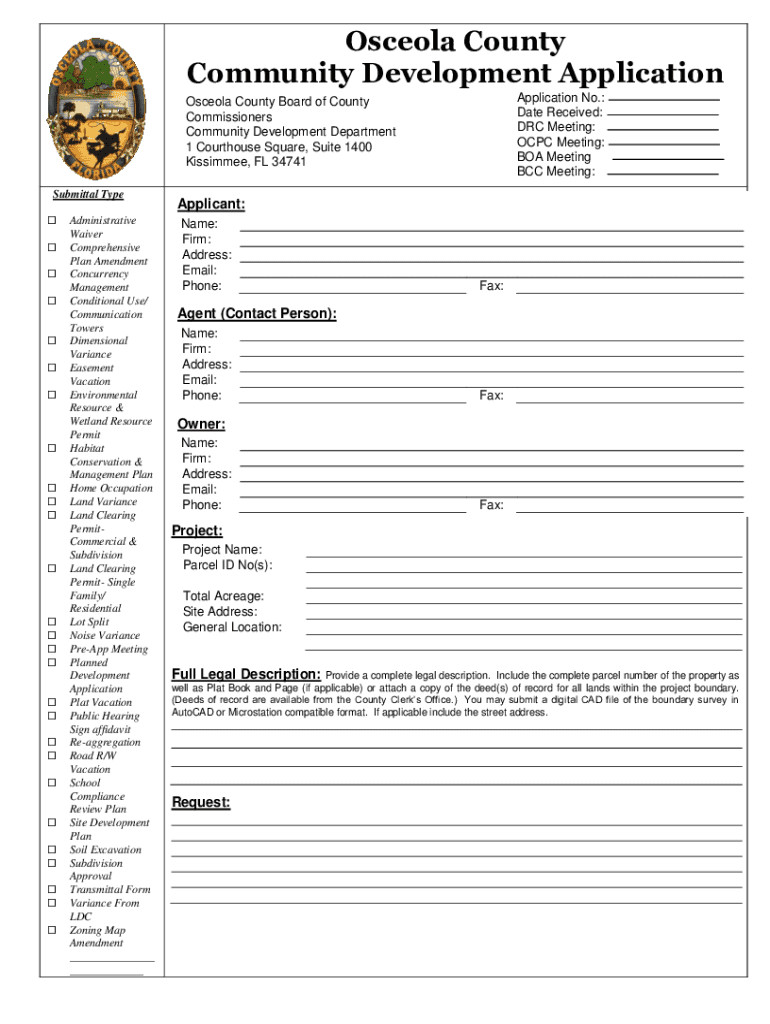 Fillable Online www.osceola.orgcorefileparseOsceola County Community Development Application Fax ...