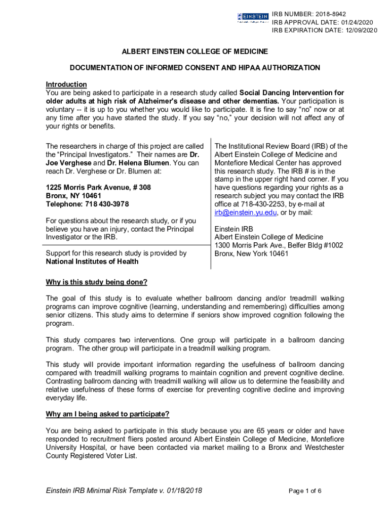 Fillable Online Einstein IRB Minimal Risk Template v. 01/18/2018 ALBERT ... Fax Email Print ...