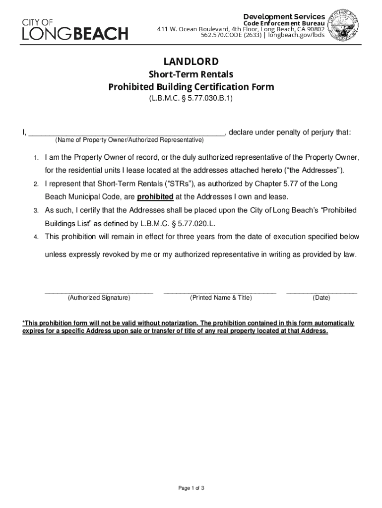 Fillable Online STR Landlord Self-Certification Form fillable - Long ...