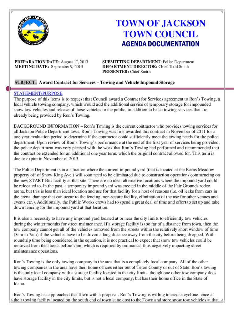 Fillable Online Staff report contract for services agreement Ron's ...