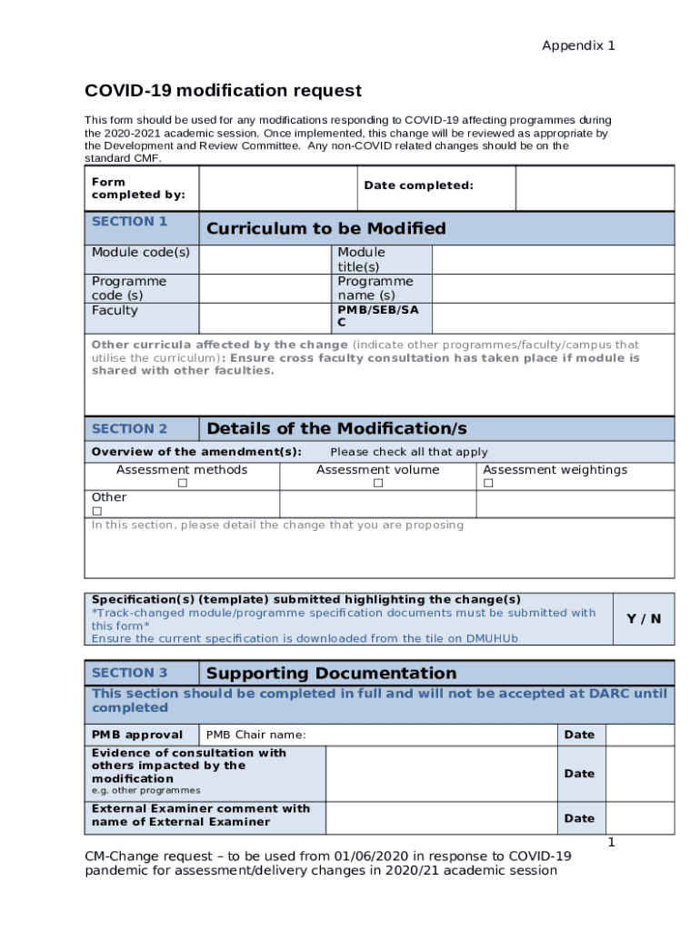 COVID-19 Curriculum Modification - change request Doc Template | pdfFiller