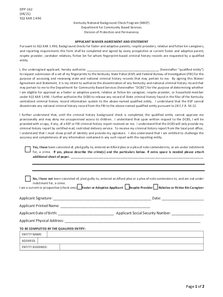 Fillable Online chfs ky www.templateroller.comtemplate2194427Form DPP-162 "Applicant Waiver ...