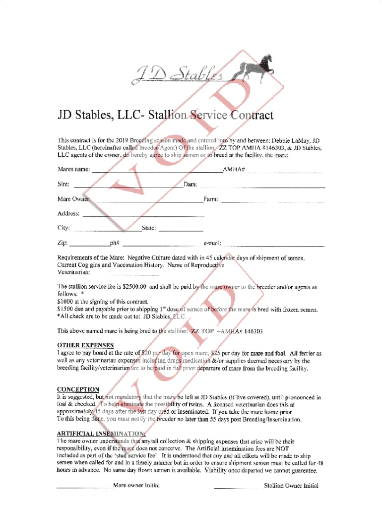 Fillable Online Stallion Service Agreement and Breeding Contract for ...