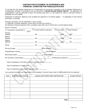 Fillable Online CONTRACTOR STATEMENT OF EXPERIENCE AND FINANCIAL ...