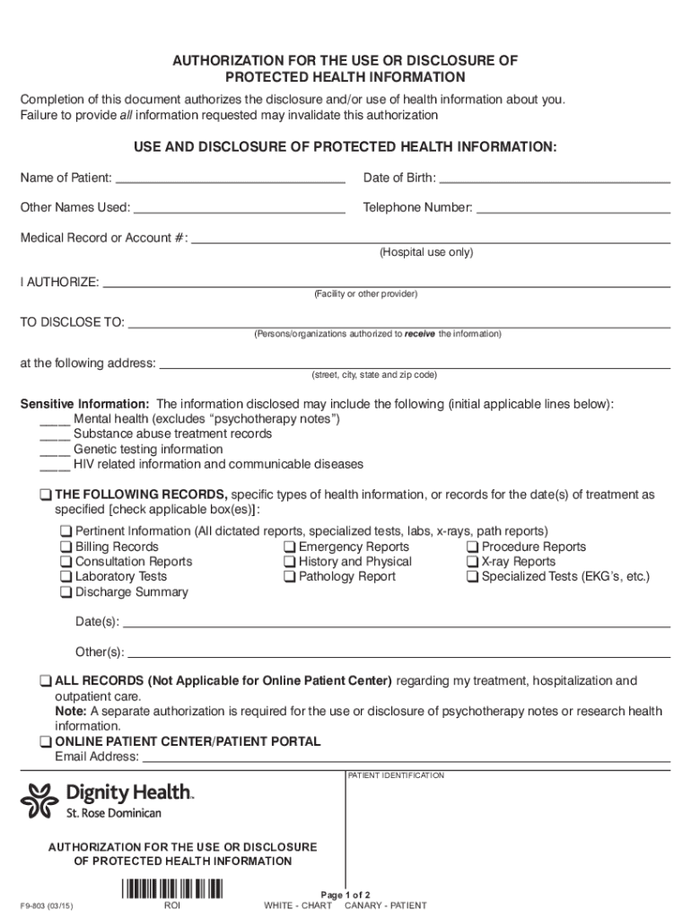 Fillable Online Authorization for Use of PHI - Dignity Health Fax Email ...