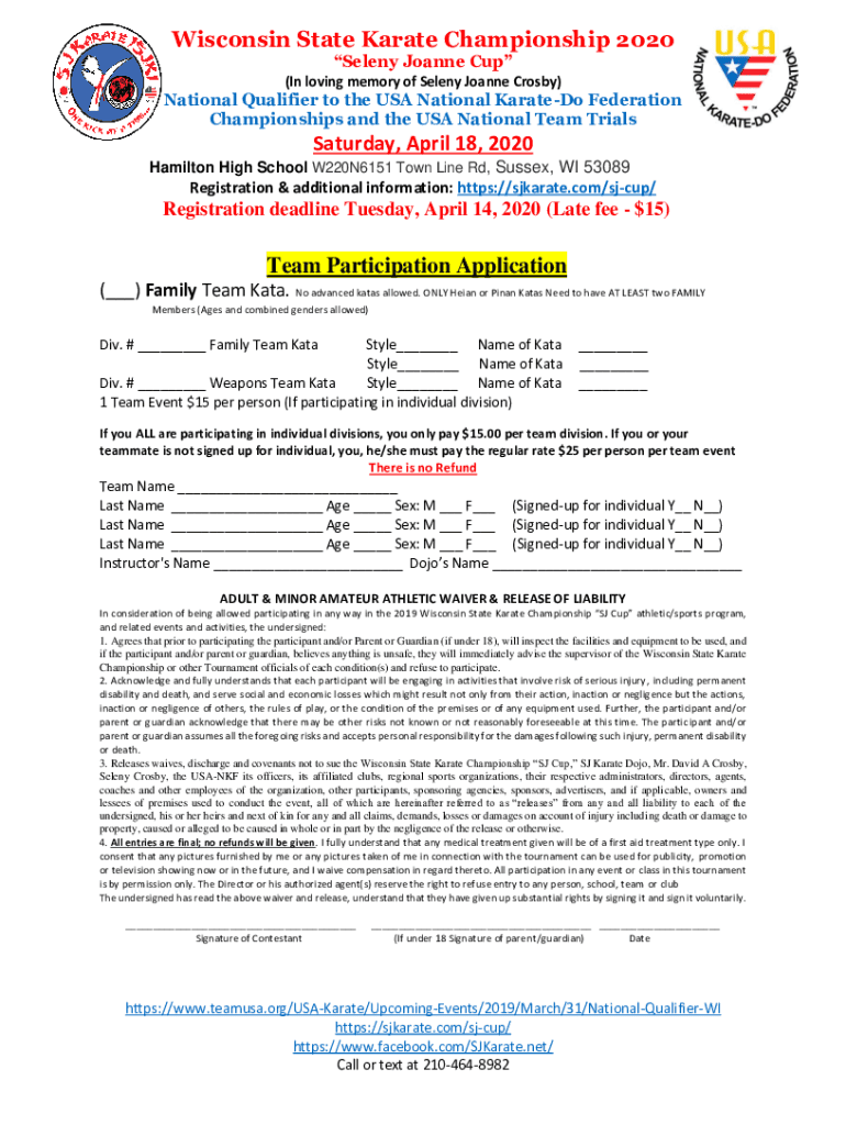 Fillable Online Wisconsin State Karate Championship - Tournament In a ...