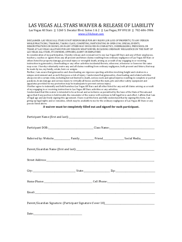 Fillable Online lvallstarcheer.comLas Vegas All Stars#1 All Star ...