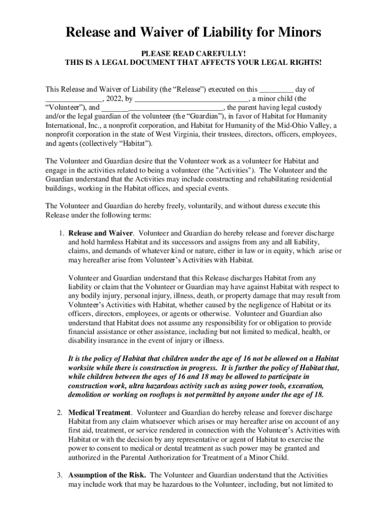 Fillable Online Release and Waiver of Liability for Minors PLEASE READ ...