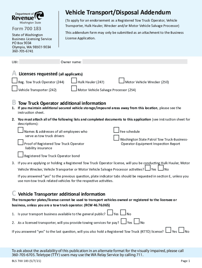 Fillable Online dor wa Vehicle Transport/Disposal Addendum Form BLS-700 ...