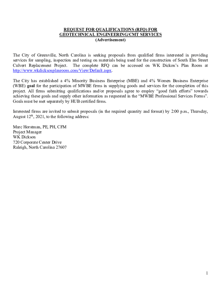 Fillable Online 1 REQUEST FOR QUALIFICATIONS (RFQ) FOR GEOTECHNICAL ... Fax Email Print - pdfFiller