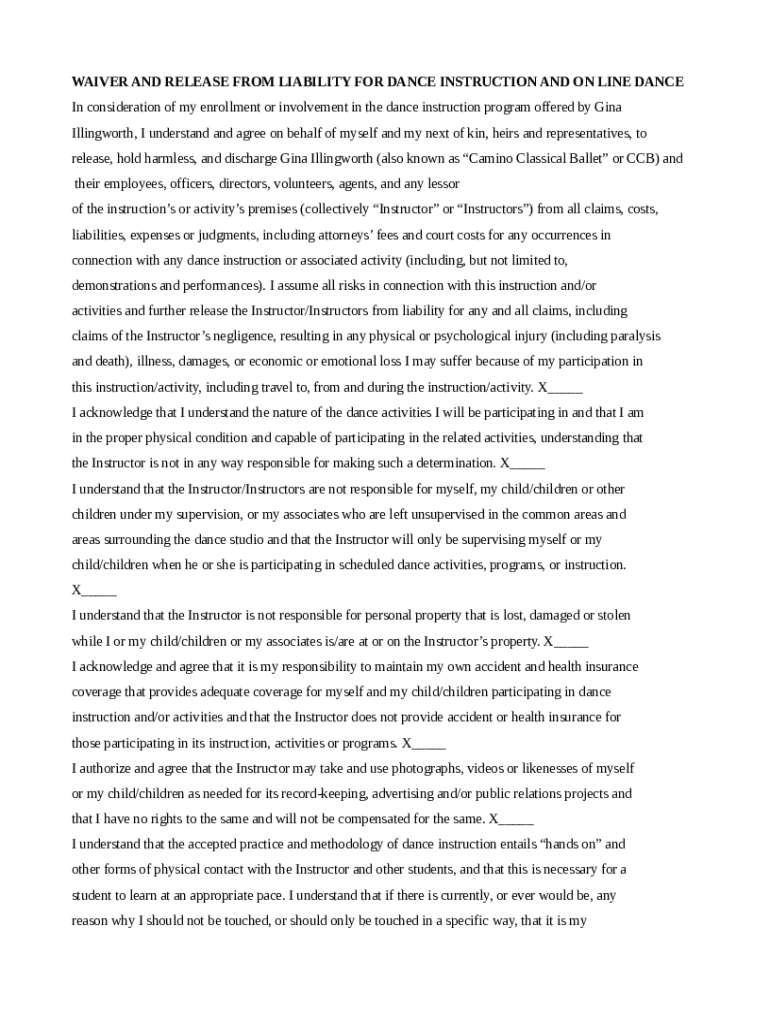 Fillable Online WAIVER AND RELEASE FROM LIABILITY FOR DANCE INSTRUCTION ...