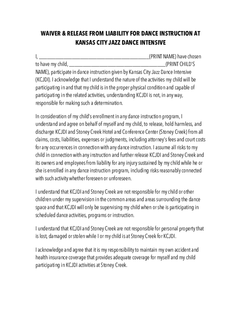 Fillable Online WAIVER AND RELEASE OF LIABILITY - Juliana's Academy of ...