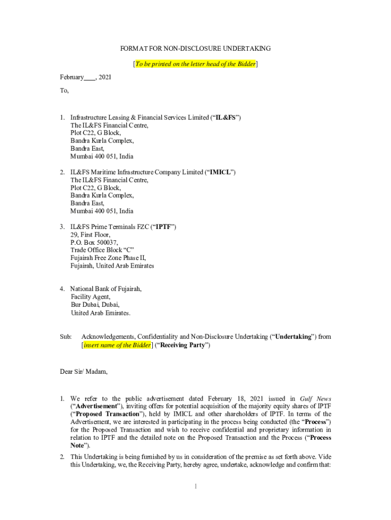Fillable Online NON-DISCLOSURE LETTER OF UNDERTAKING Sample ClausesLaw ...