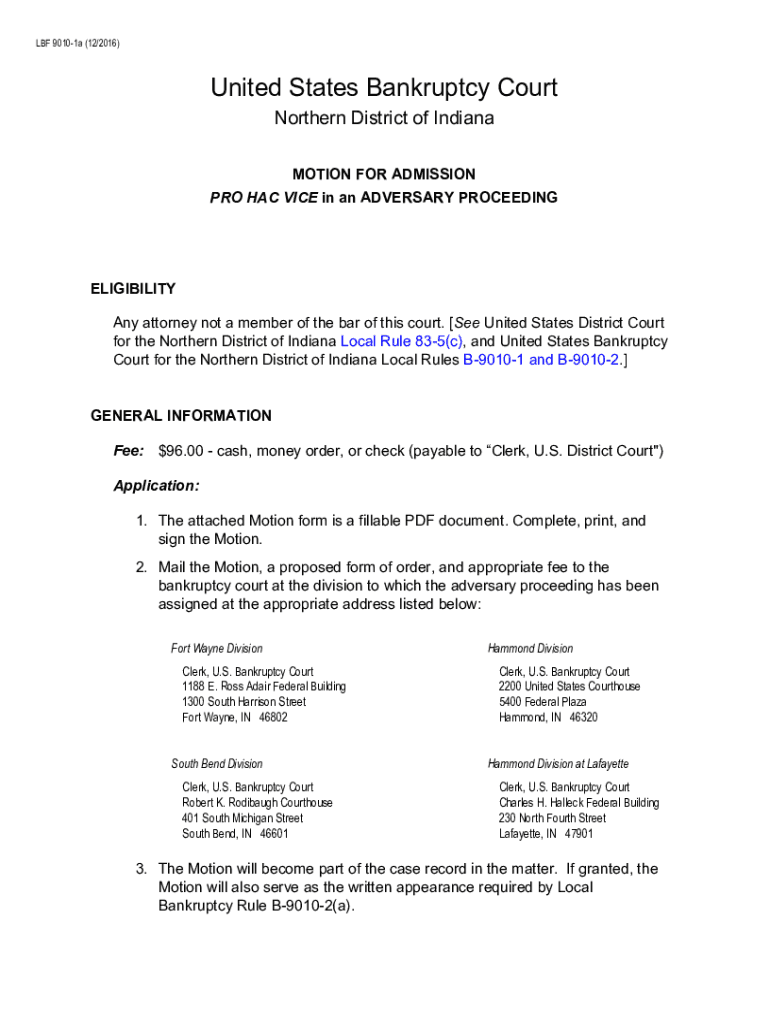 Fillable Online LBF 9010-1a, Motion for Admission Pro Hac Vice in an ...