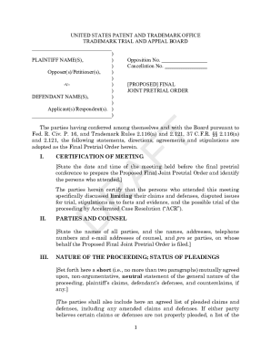 Fillable Online TTAB Model Form of Final Pretrial Order DRAFT93-31-22 ...