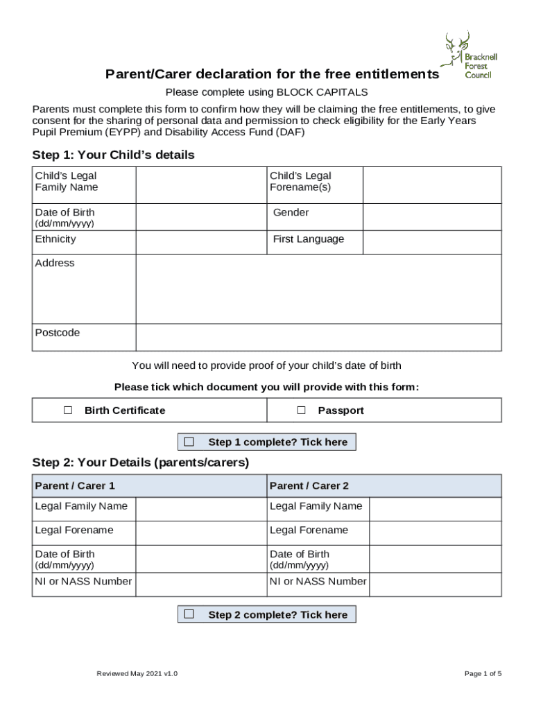 PARENT DECLARATION 30 HOURS EXTENDED ENTITLEMENT Doc Template | pdfFiller