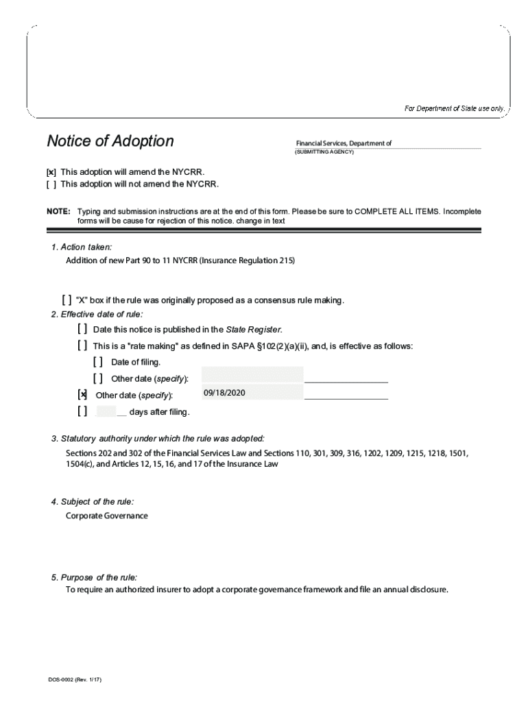 Fillable Online dfs ny Fillable Online Notice of Adoption Financial Services ... Fax Email Print ...