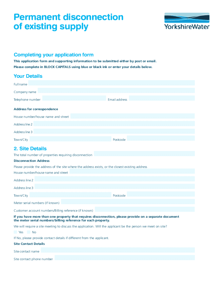 Fillable Online Yorkshire Water Application for a permanent ...