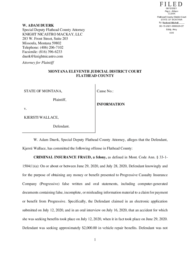 Fillable Online 1 W. ADAM DUERK Special Deputy Flathead County Attorney ...