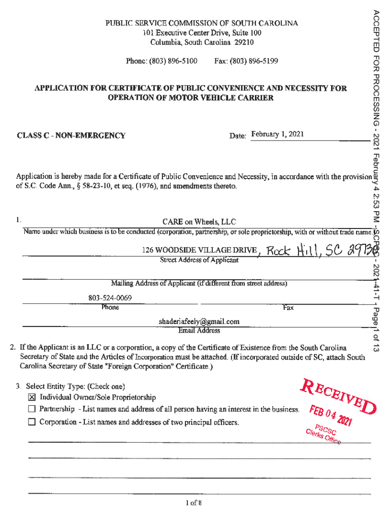 Fillable Online dms psc sc Application For Certificate Of Public ...