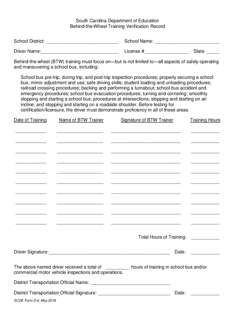 Fillable Online ed sc Behind-the-Wheel Training Verification Form Fax ...
