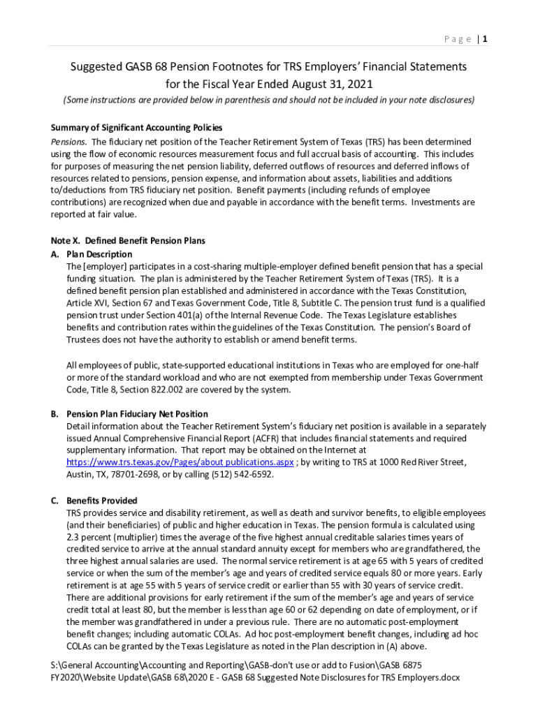 Fillable Online GASB 68 Suggested Note Disclosures 2020. GASB 68 ...