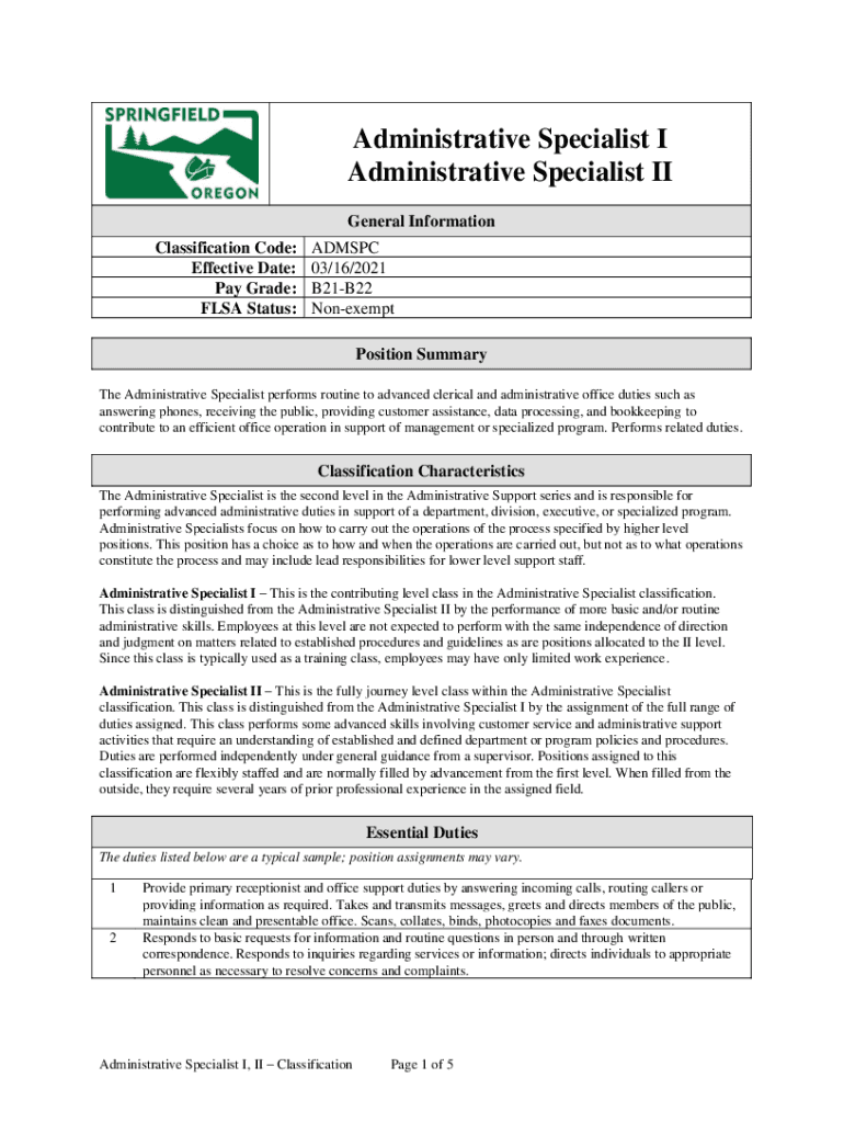 Fillable Online Administrative Specialist I Administrative Specialist ...