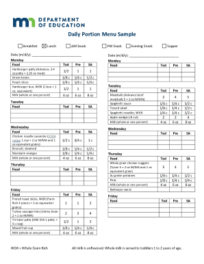 Fillable Online education mn Daily Portion Menu Sample Fax Email Print ...