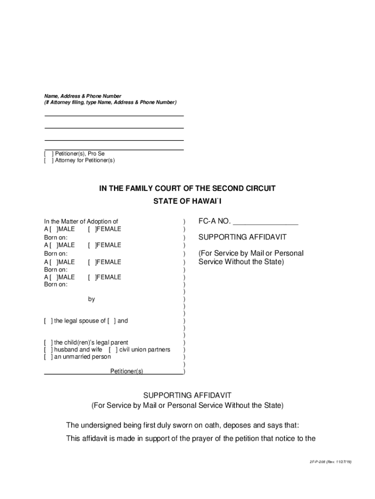 Fillable Online Supporting Affidavit (for Service by Mail or Personal Service Without the State ...