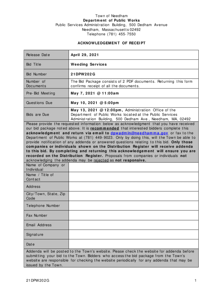 Fillable Online 21DPW202G 1 Town of Needham Department of Public Works ...