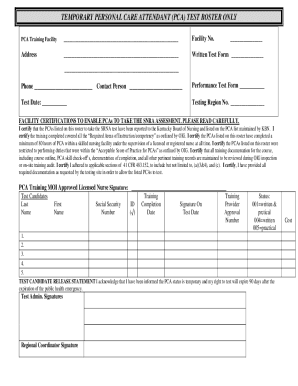 Fillable Online temporary personal care attendant (pca) test roster ...