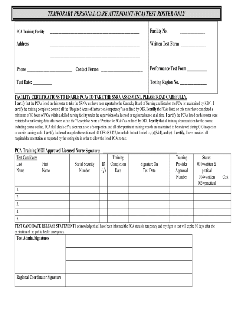Fillable Online temporary personal care attendant (pca) test roster ...
