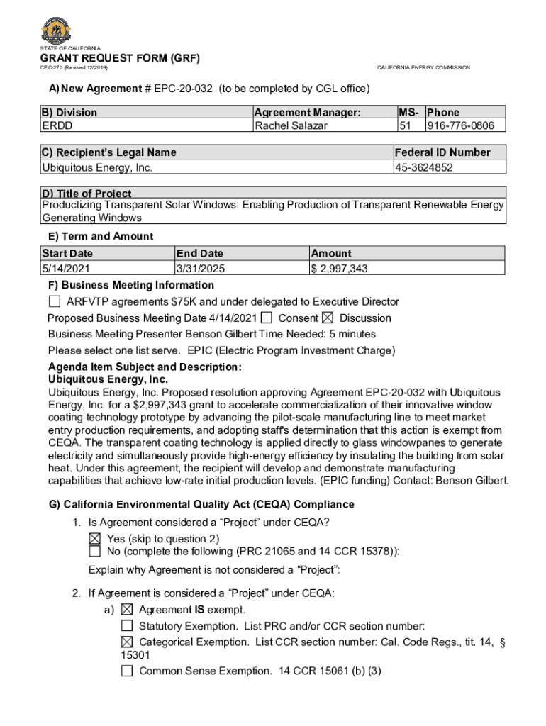 Fillable Online GRANT REQUEST FORM (GRF) A) New Agreement # EPC-20-032 ... Fax Email Print ...
