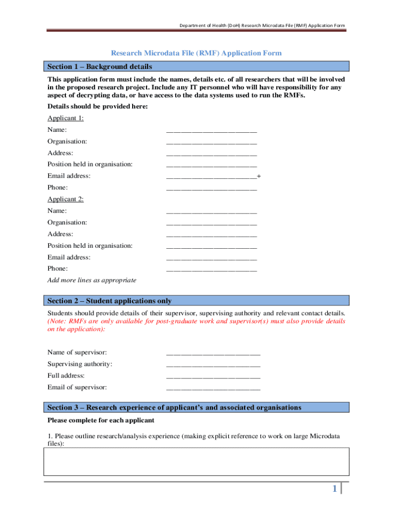 Fillable Online Department of Health (DoH) Research Microdata File (RMF) Application Form Fax ...