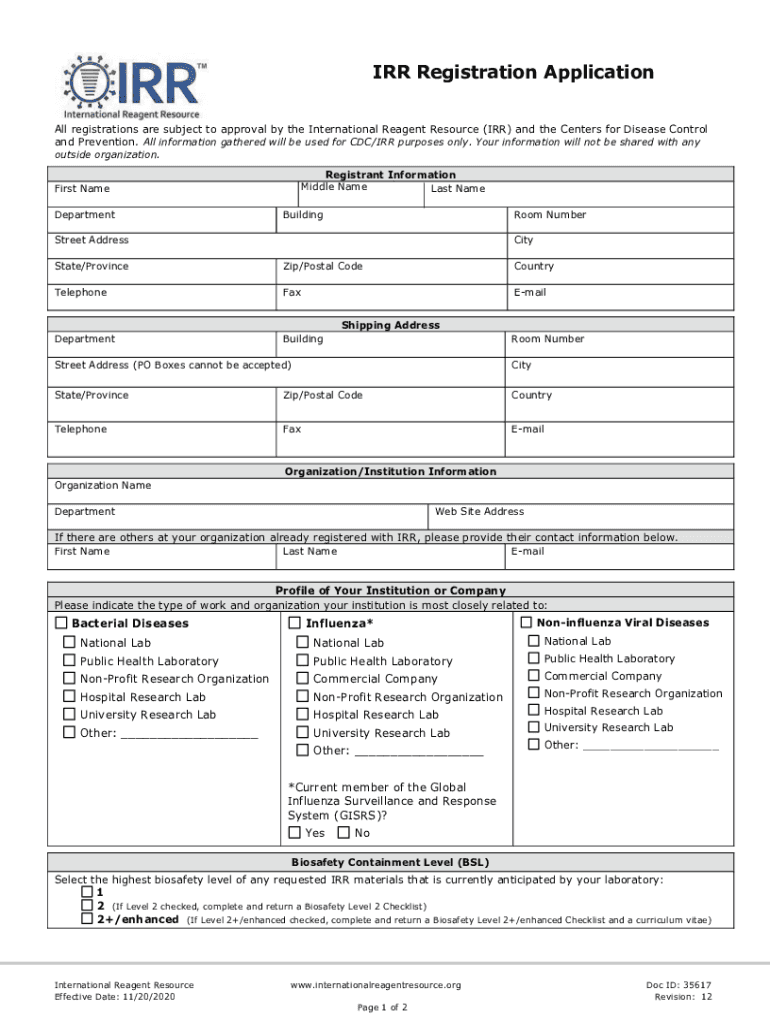 Fillable Online IRR Acknowledgement of IRR User Agreement Registraction ...