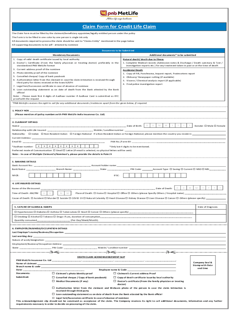 Fillable Online Claim Form for Credit Life Claim - pnbmetlife.com Fax ...