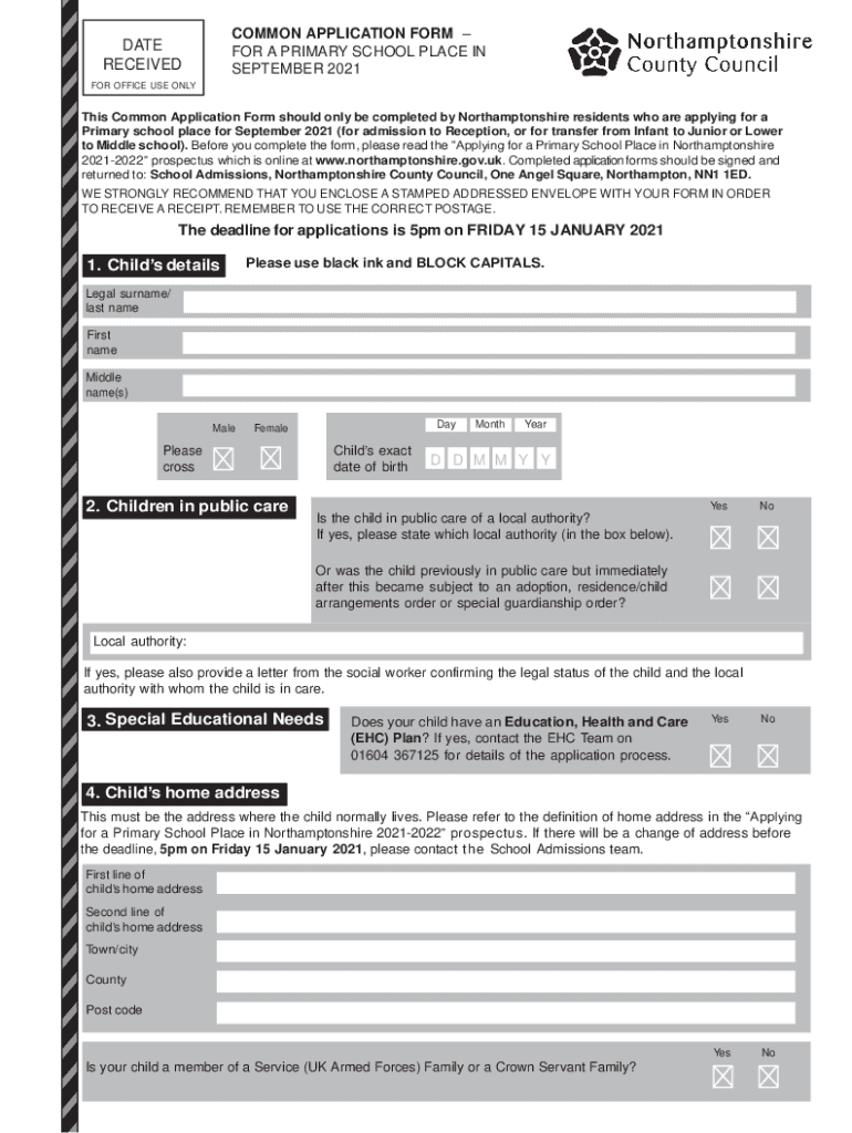 Fillable Online Late Common Application Form to start Primary School in ...