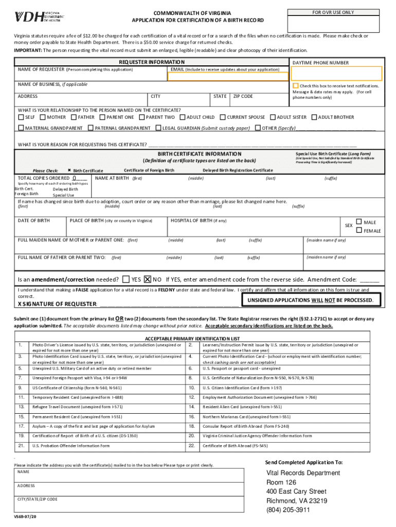 Fillable Online Commonwealth Of Virginia Birth Certificate Fax Email ...