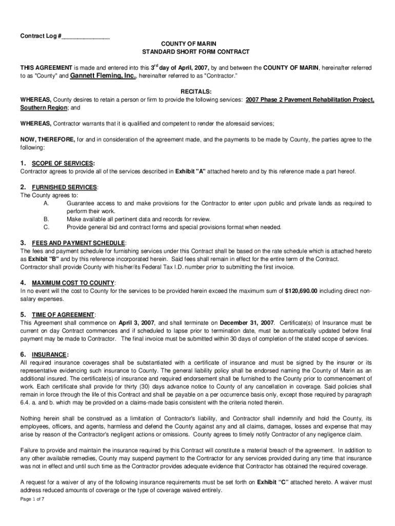Fillable Online www.lawinsider.comcontractsa6JkDmvBPPXCOUNTY OF MARIN STANDARD SHORT FORM ...