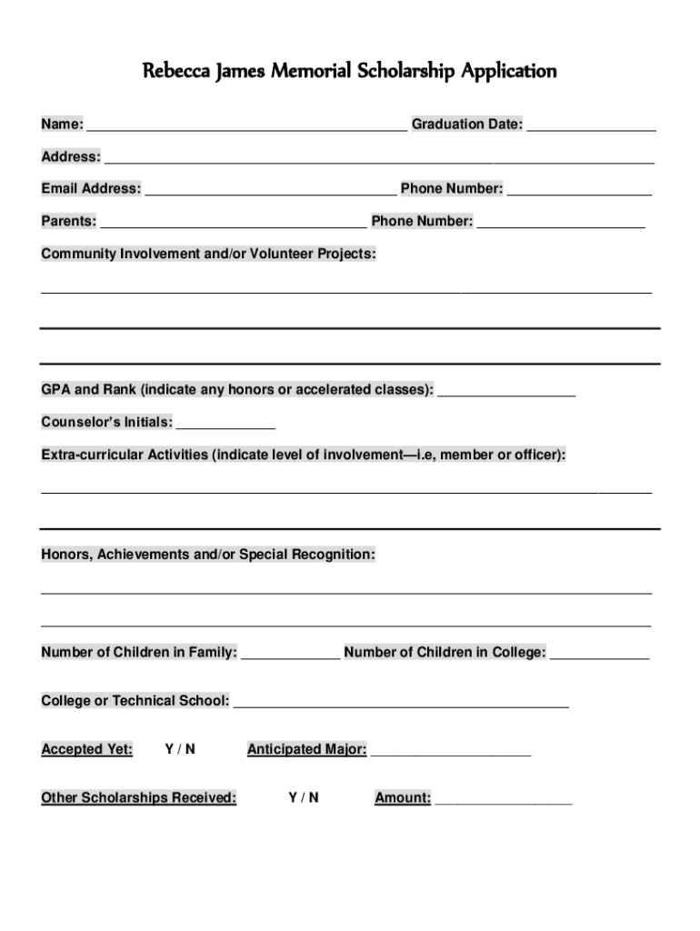 Fillable Online HIP APPLICATION Rebecca James Memorial Scholarship ...