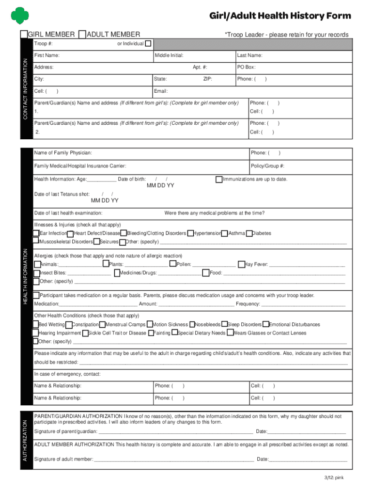 Fillable Online Health History Form for Girls and Adults.pdf - Girl ...